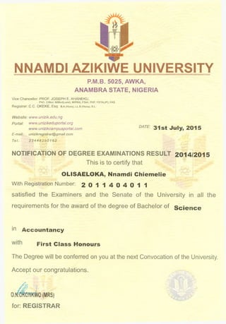 Nnamdi Azikiwe University Degree Examination Result 2014/2015 | PDF