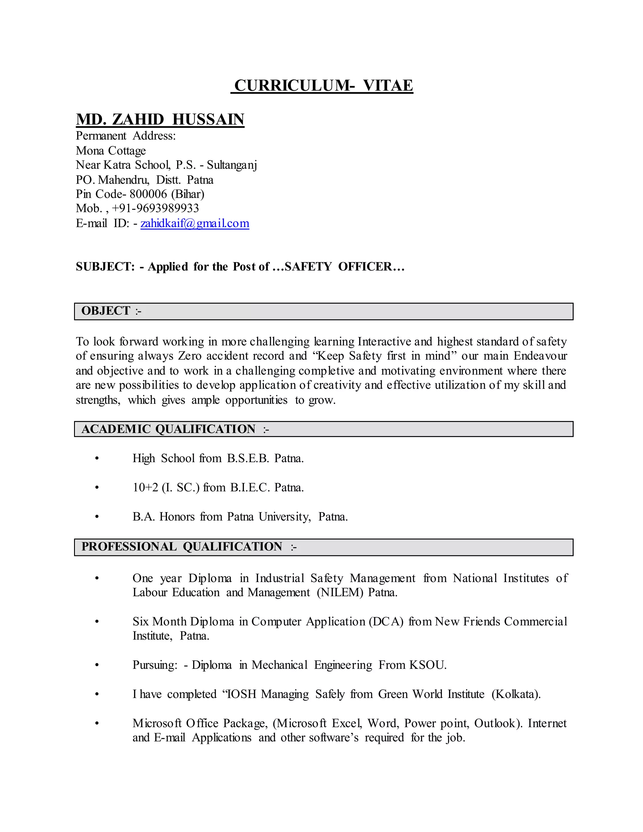 Zahid Safety Officer CV | DOCX