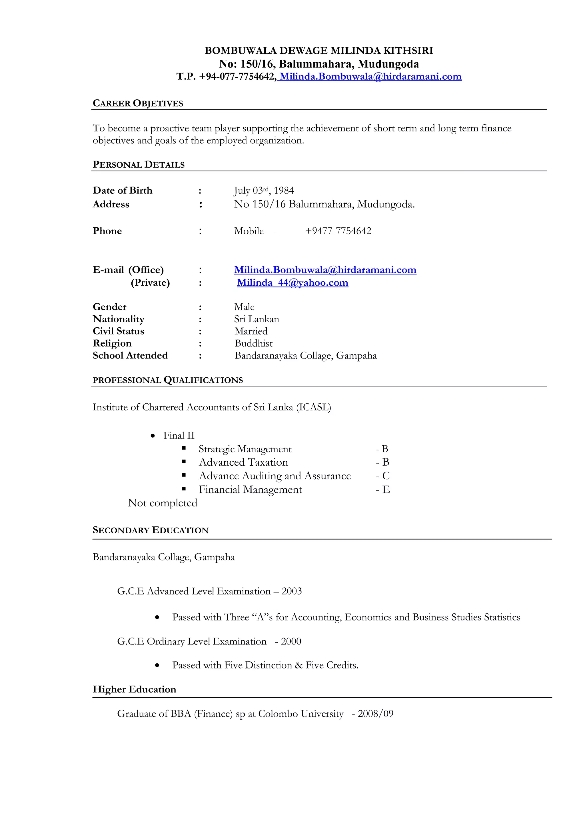 Resume of Milinda Bombuwala | PDF