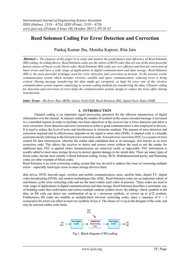Reed Solomon Coding For Error Detection And Correction