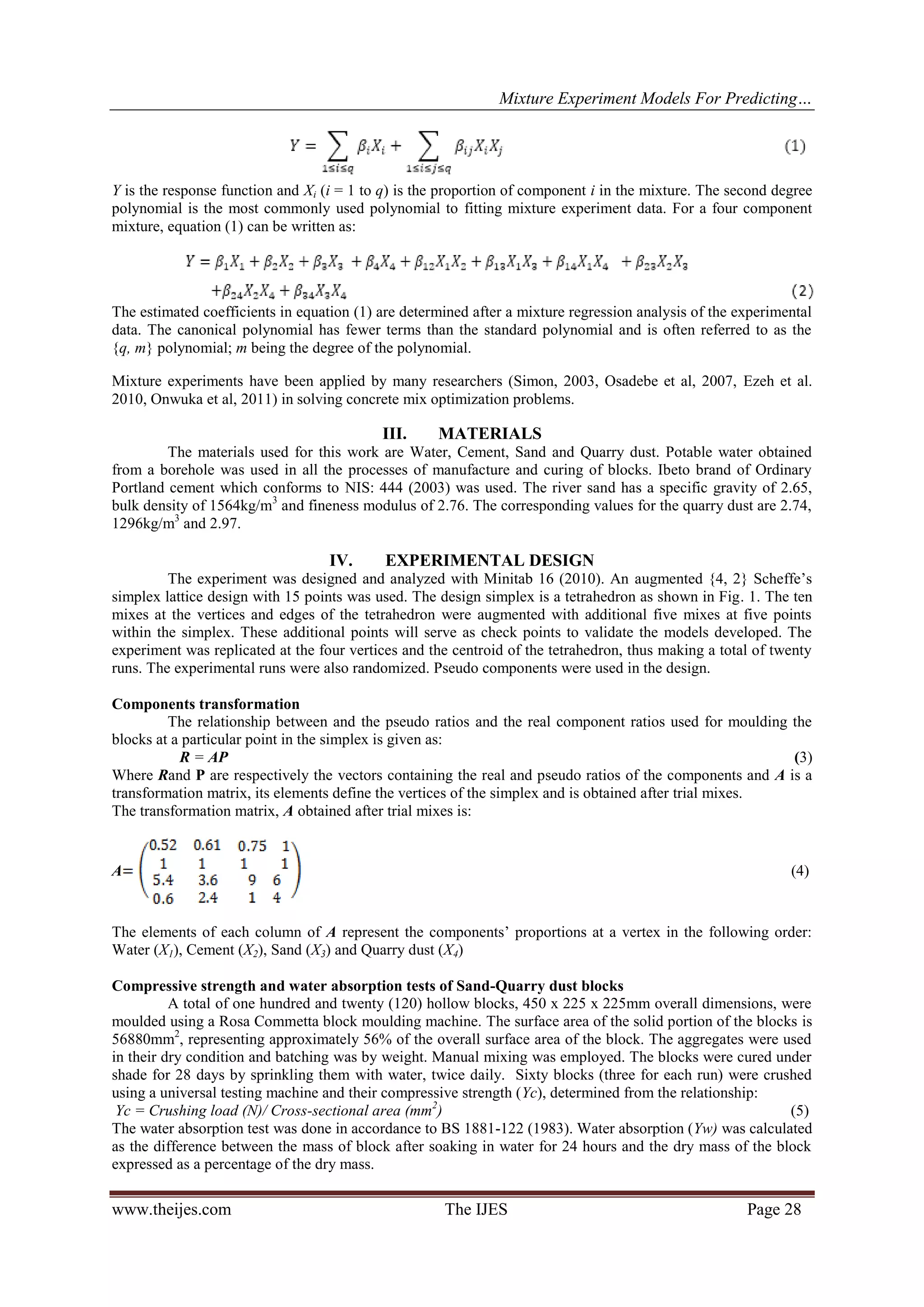 Mixture Experiment Models for Predicting the Compressive Strength and Water Absorption of Sand ...