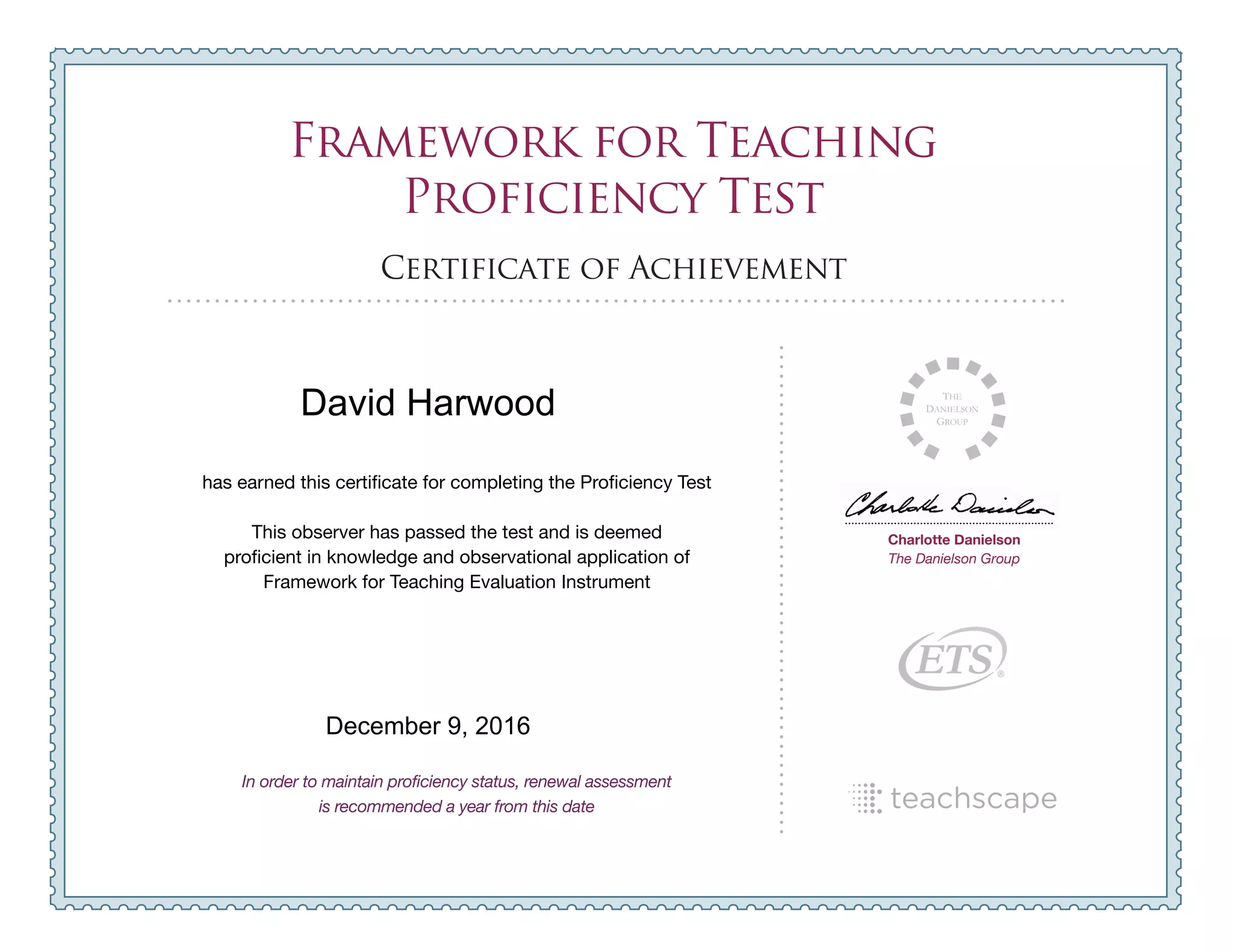 Framework for Teaching Evaluation certificate | PDF