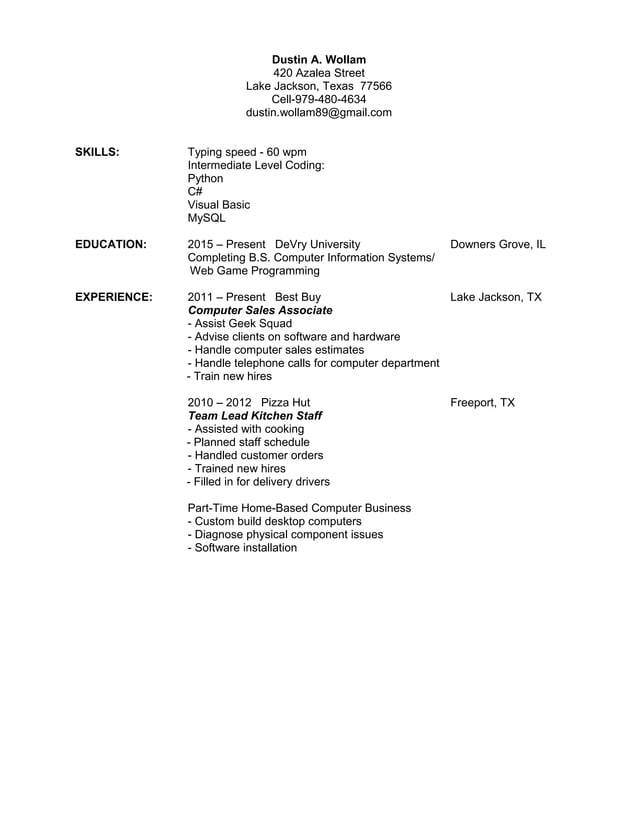 DUSTIN'S RESUME | DOC