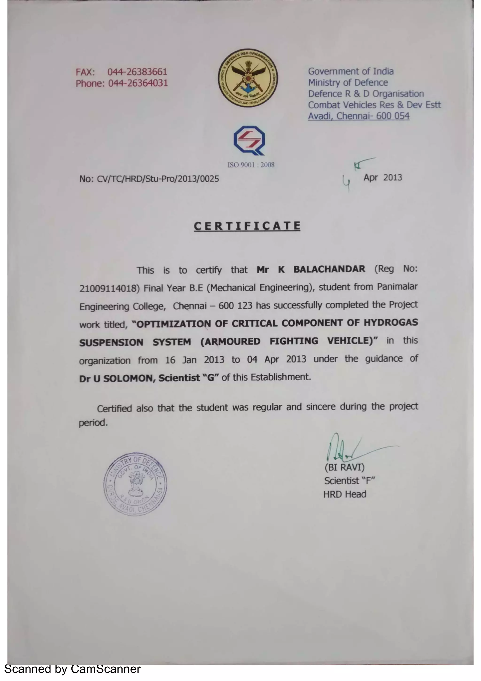 CVRDE thesis certificate | PDF