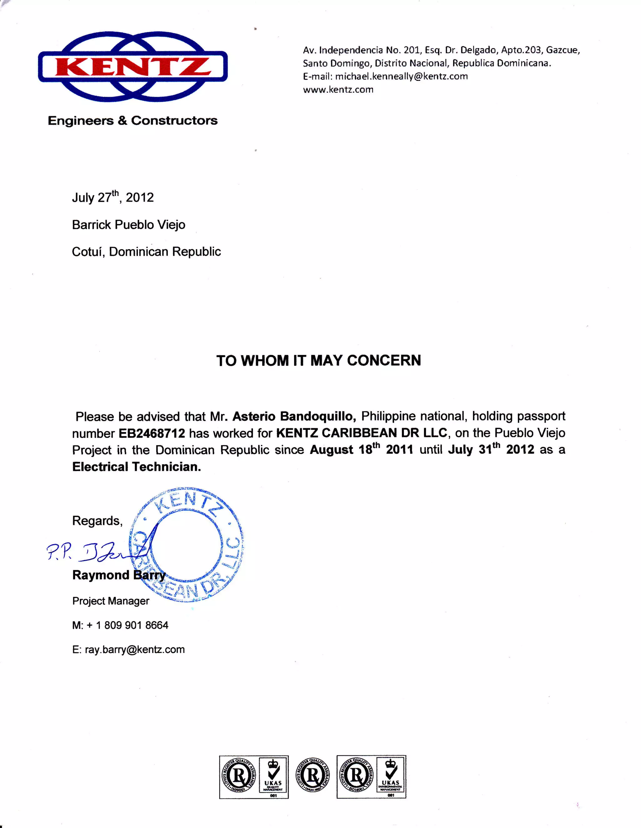KENTZ ELECTRICAL TECH. CERTIFICATE(1) | PDF