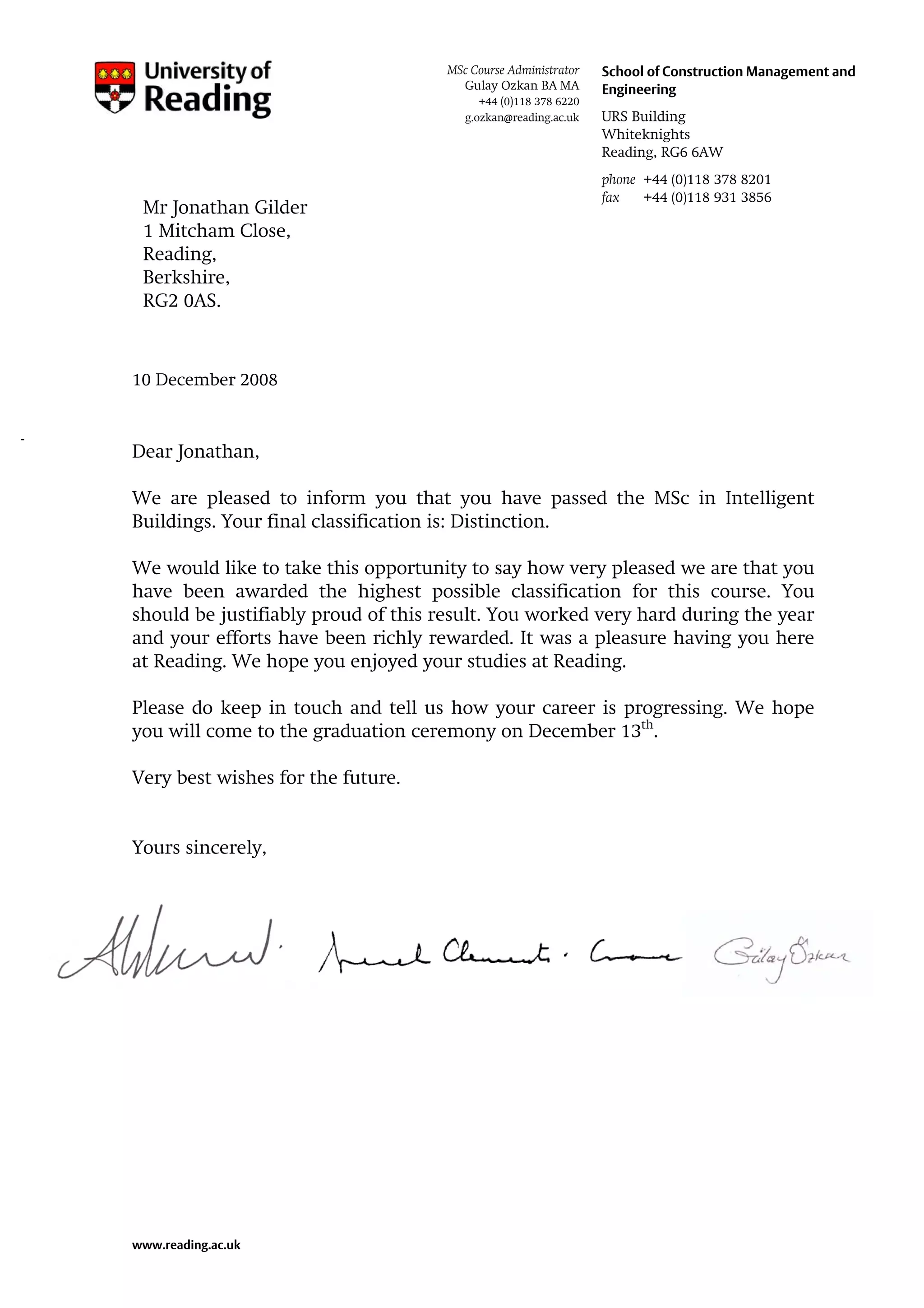 Jonathan Gilder distinction letter | PDF