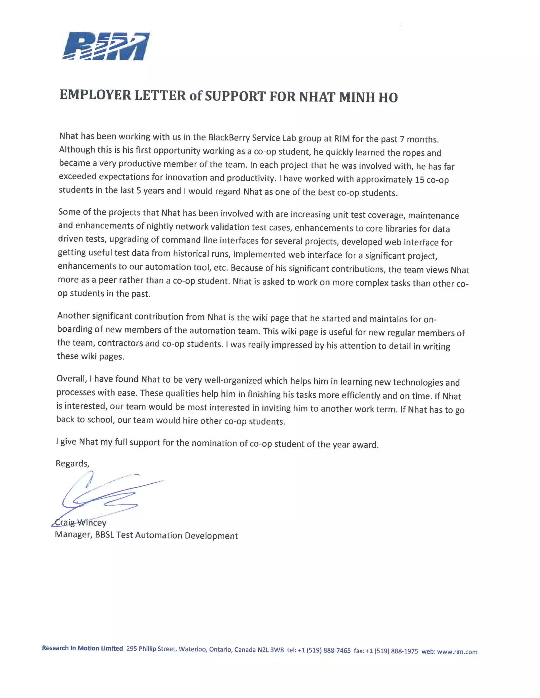 Employer Letter Of Support | PDF