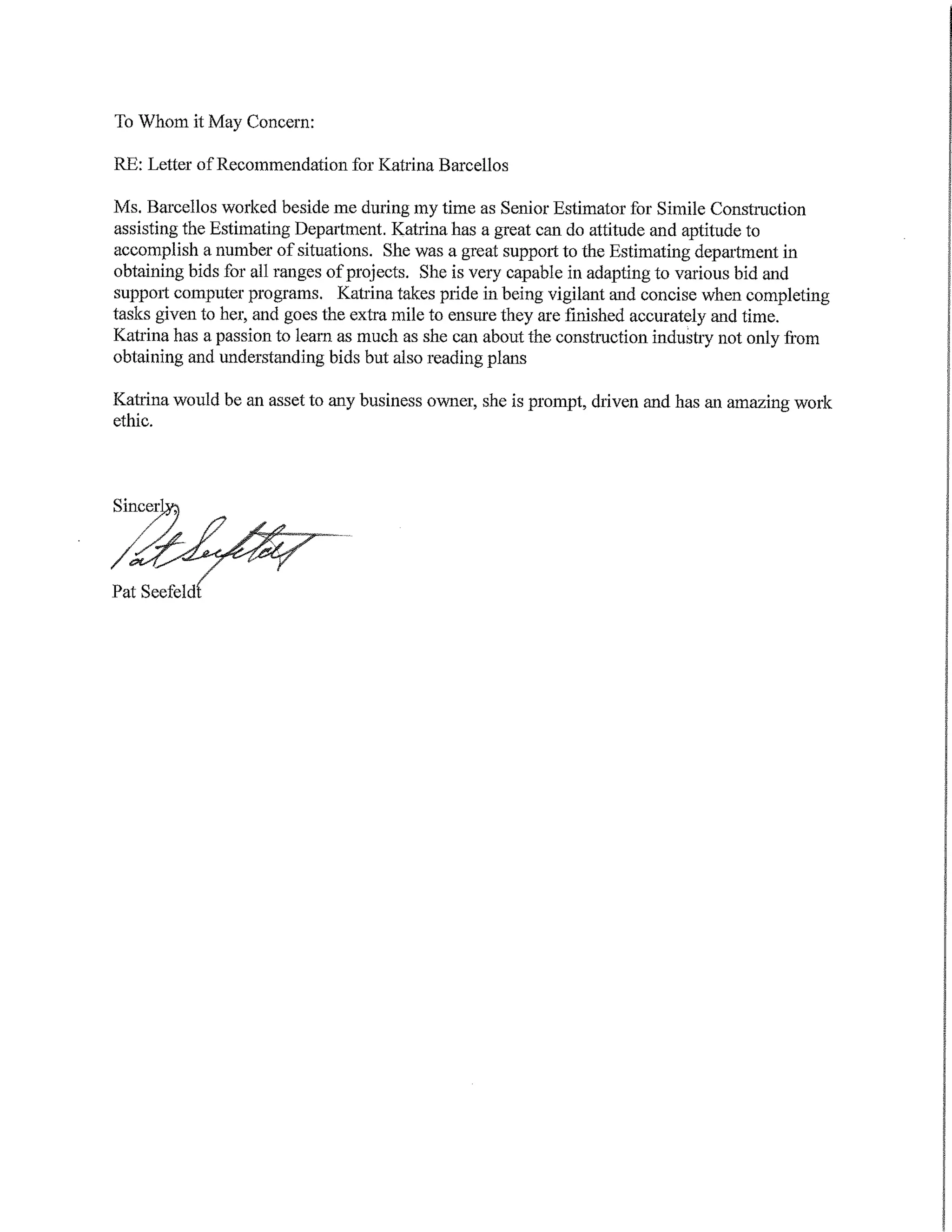 Letter of Reference, Pat Seefeldt | PDF