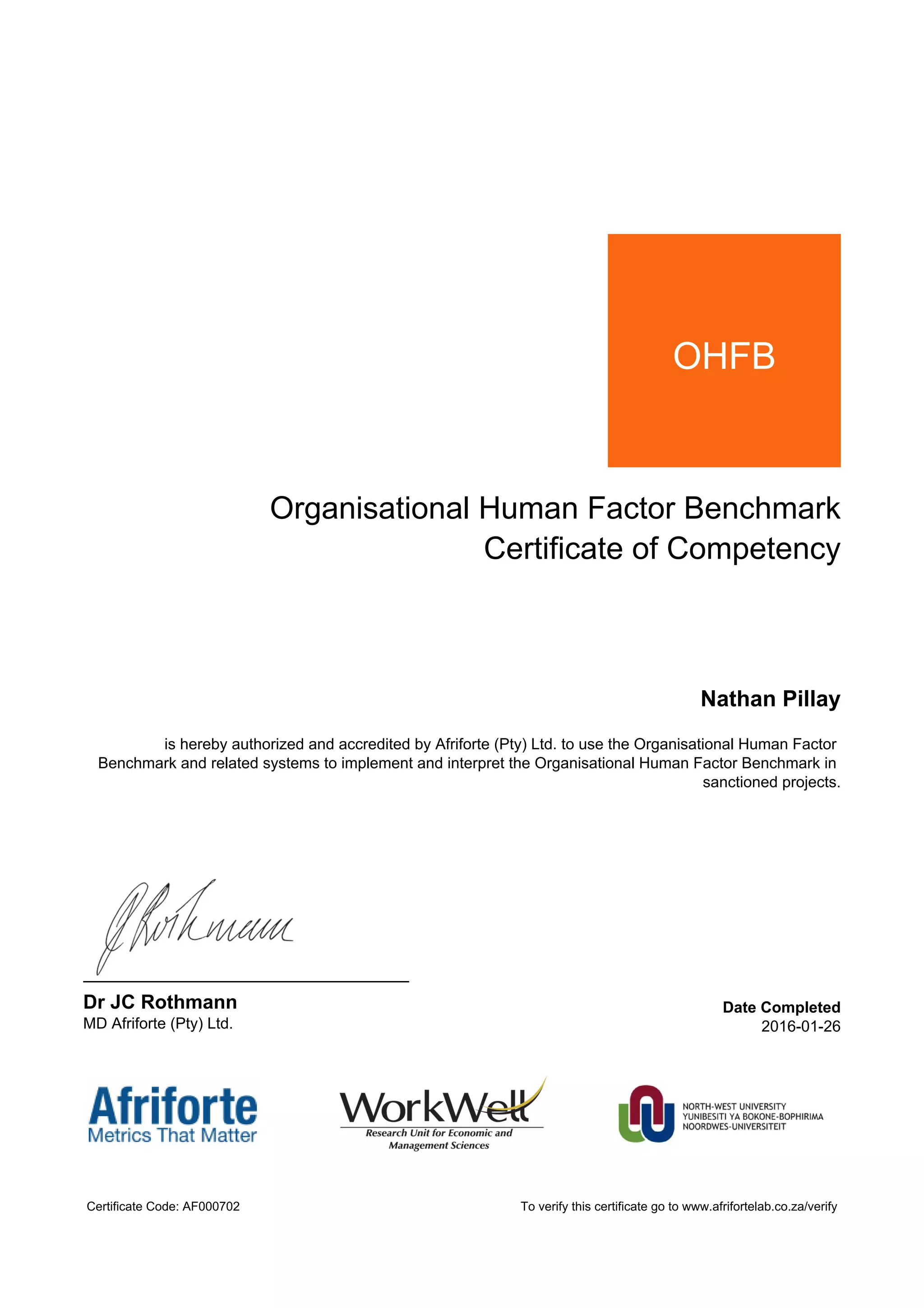 Certificate - Organisational Human Factor Benchmark | PDF