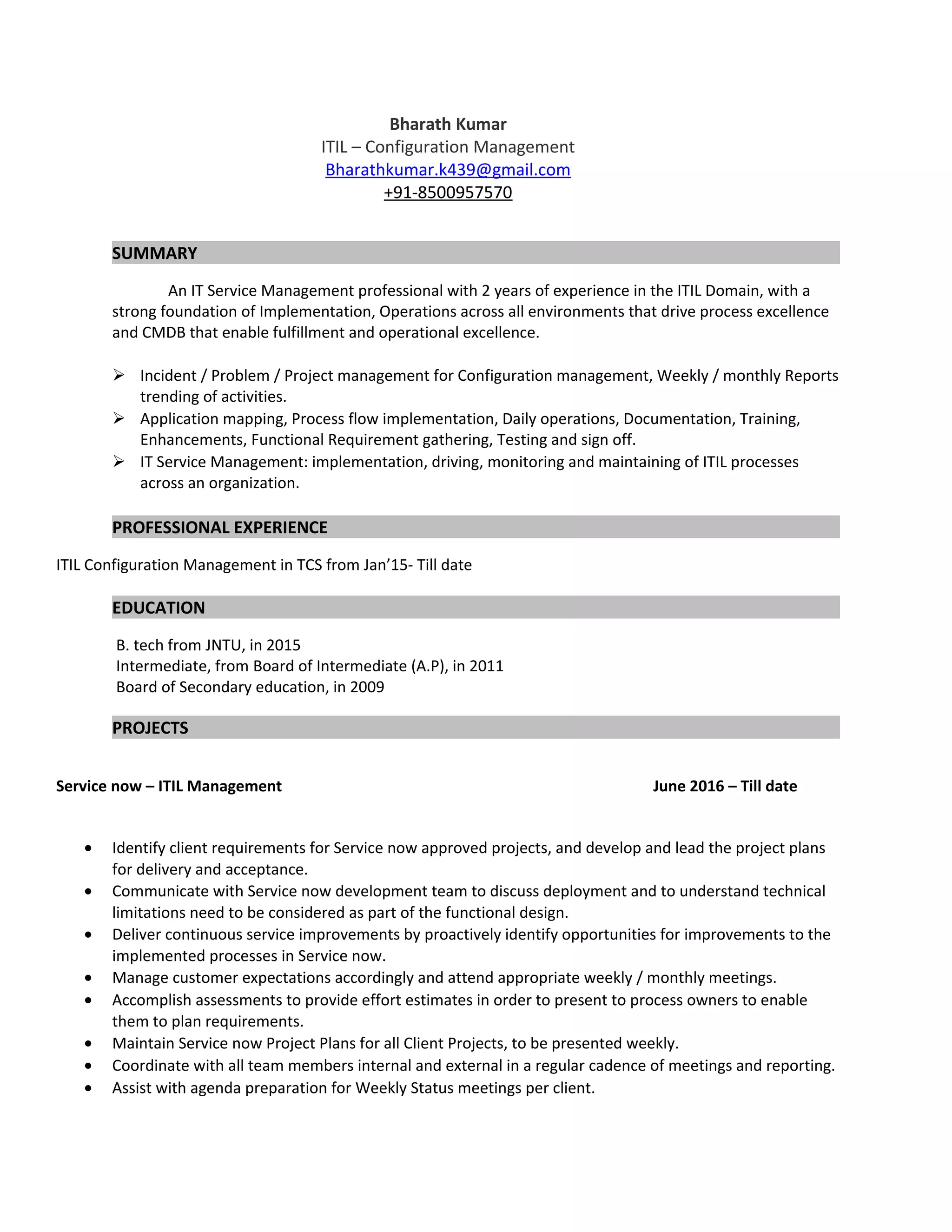 Bharath Kumar - ITIL Resume | DOC