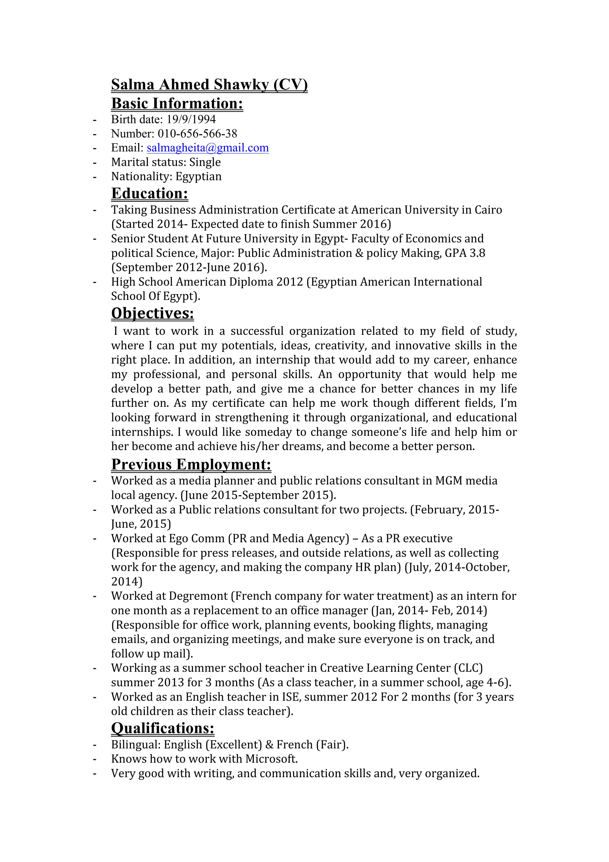 Salma Ahmed Shawky (CV) | PDF