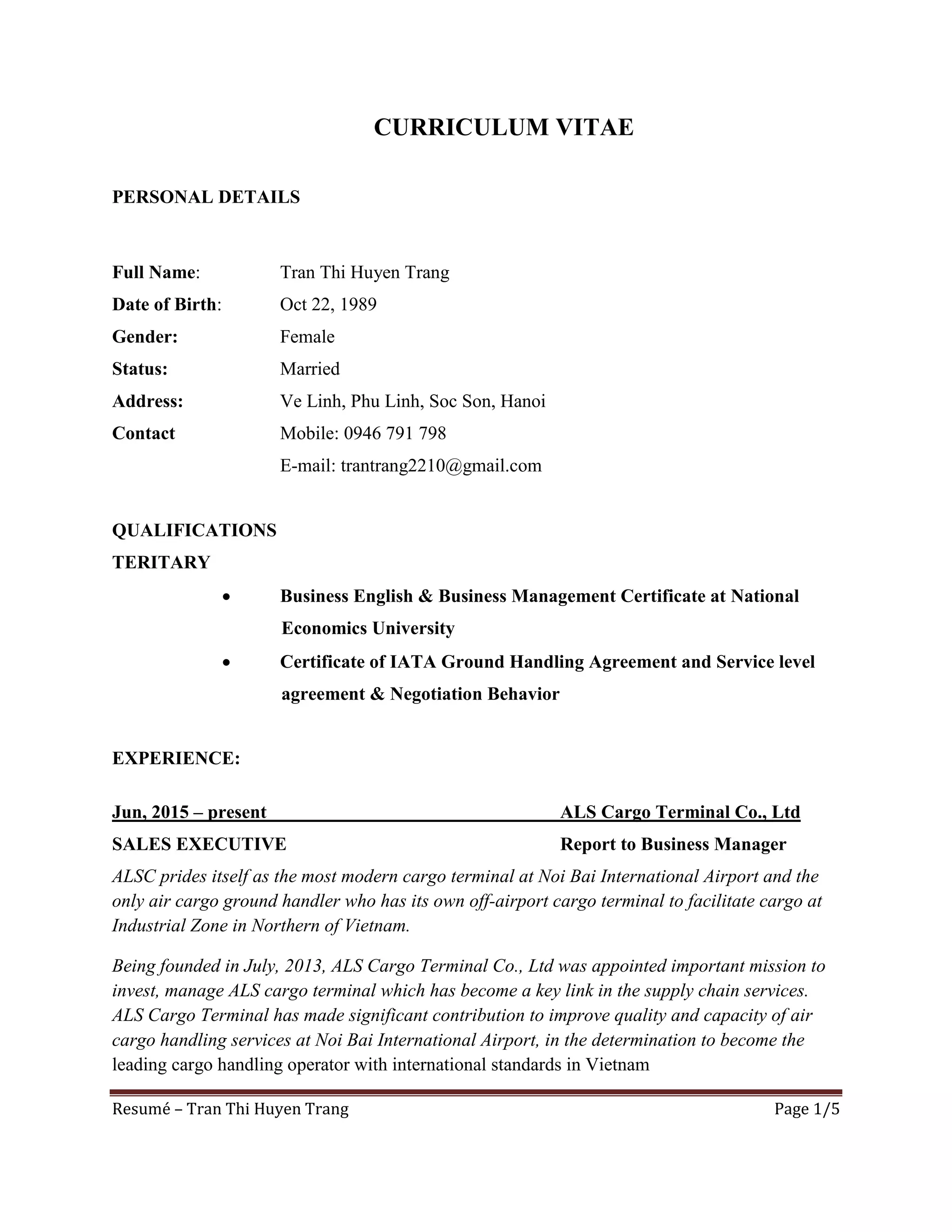 CV -Tran Thi Huyen Trang | PDF | Air Travel | Travel Type