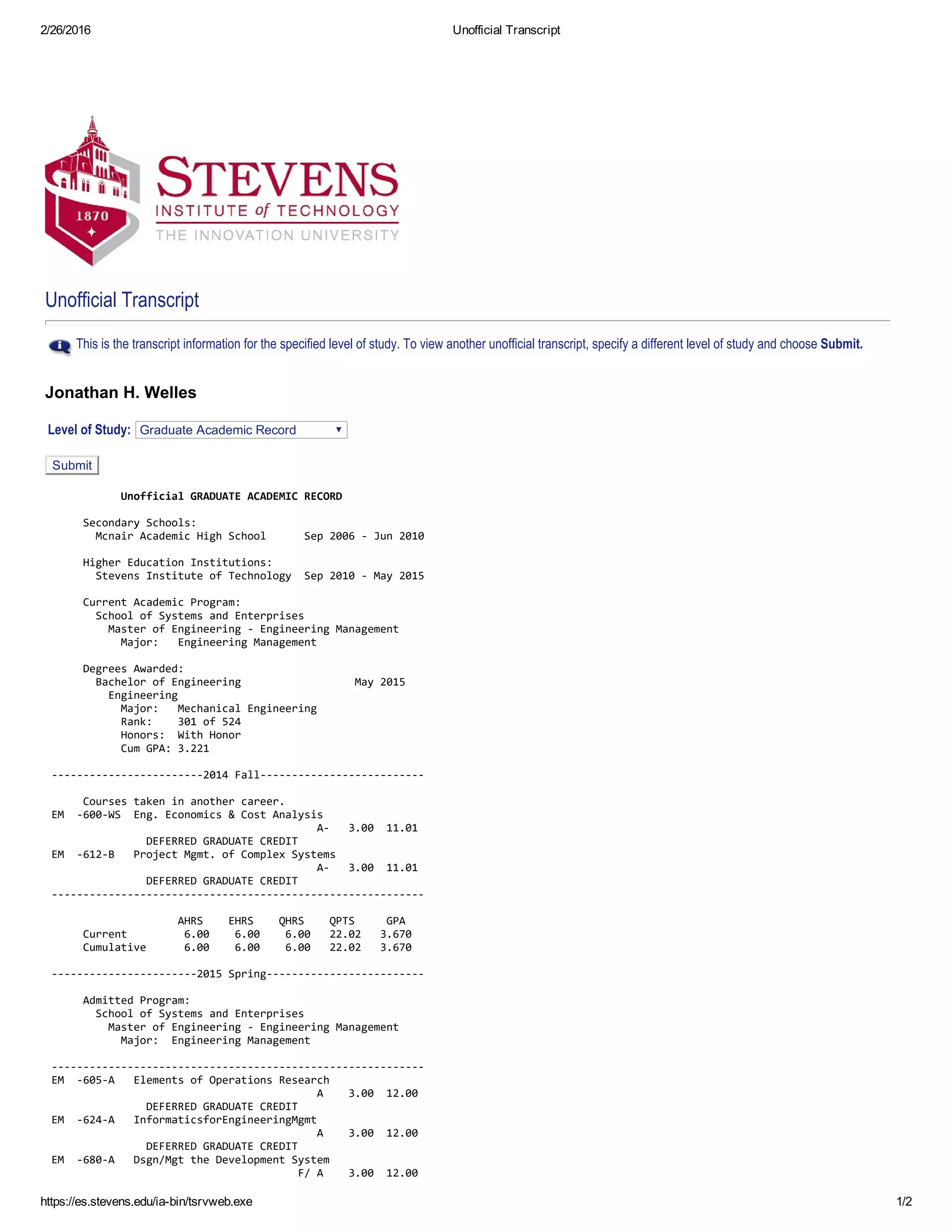 Graduate Transcript | PDF