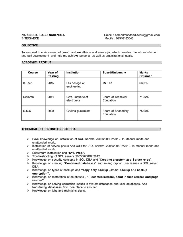 Narendra_B.Tech_2015_SQL DBA_FRESHER RESUME | DOCX | Databases | Computer Software and Applications
