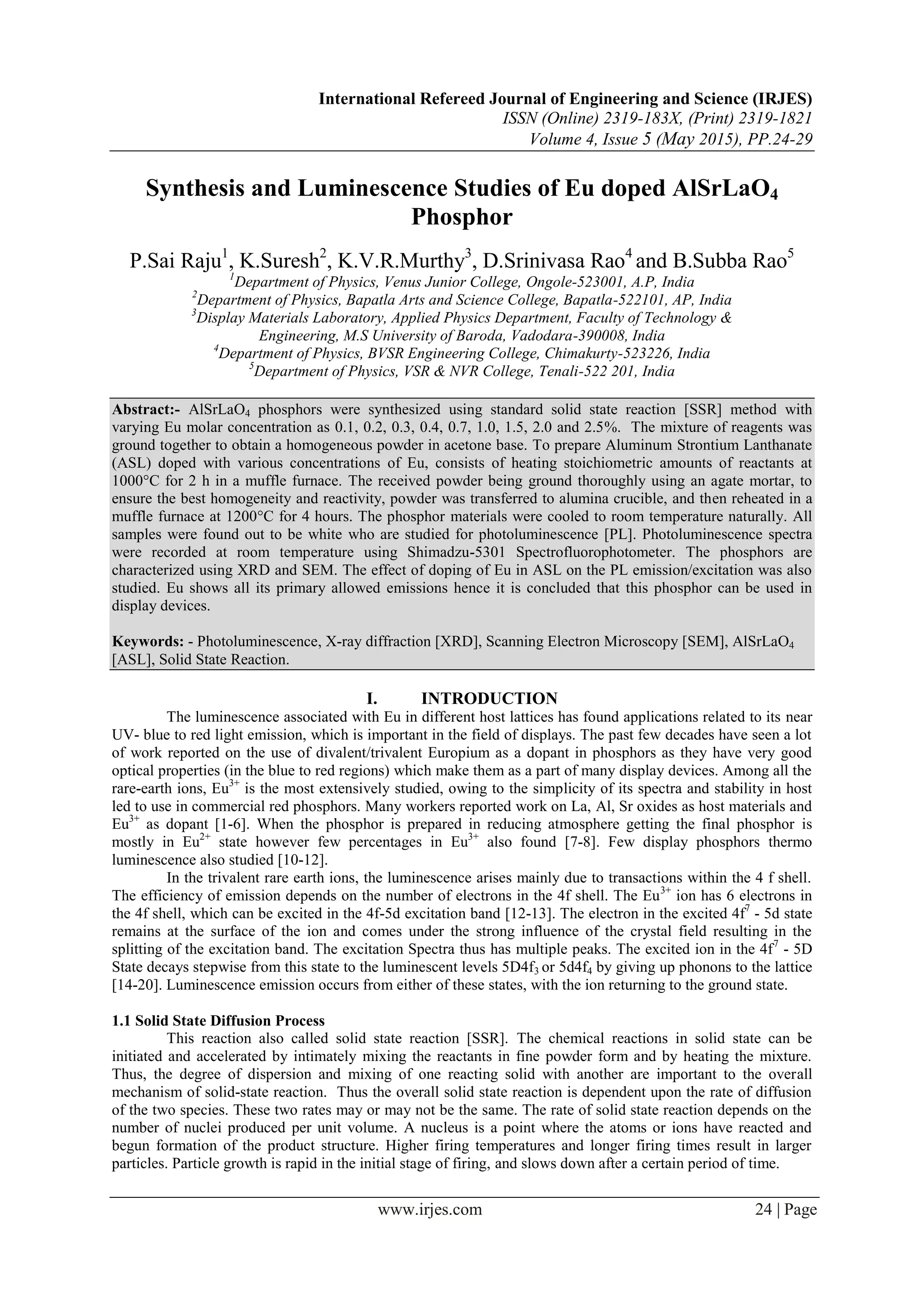 Synthesis and Luminescence Studies of Eu doped AlSrLaO4 Phosphor | PDF | Chemistry | Science