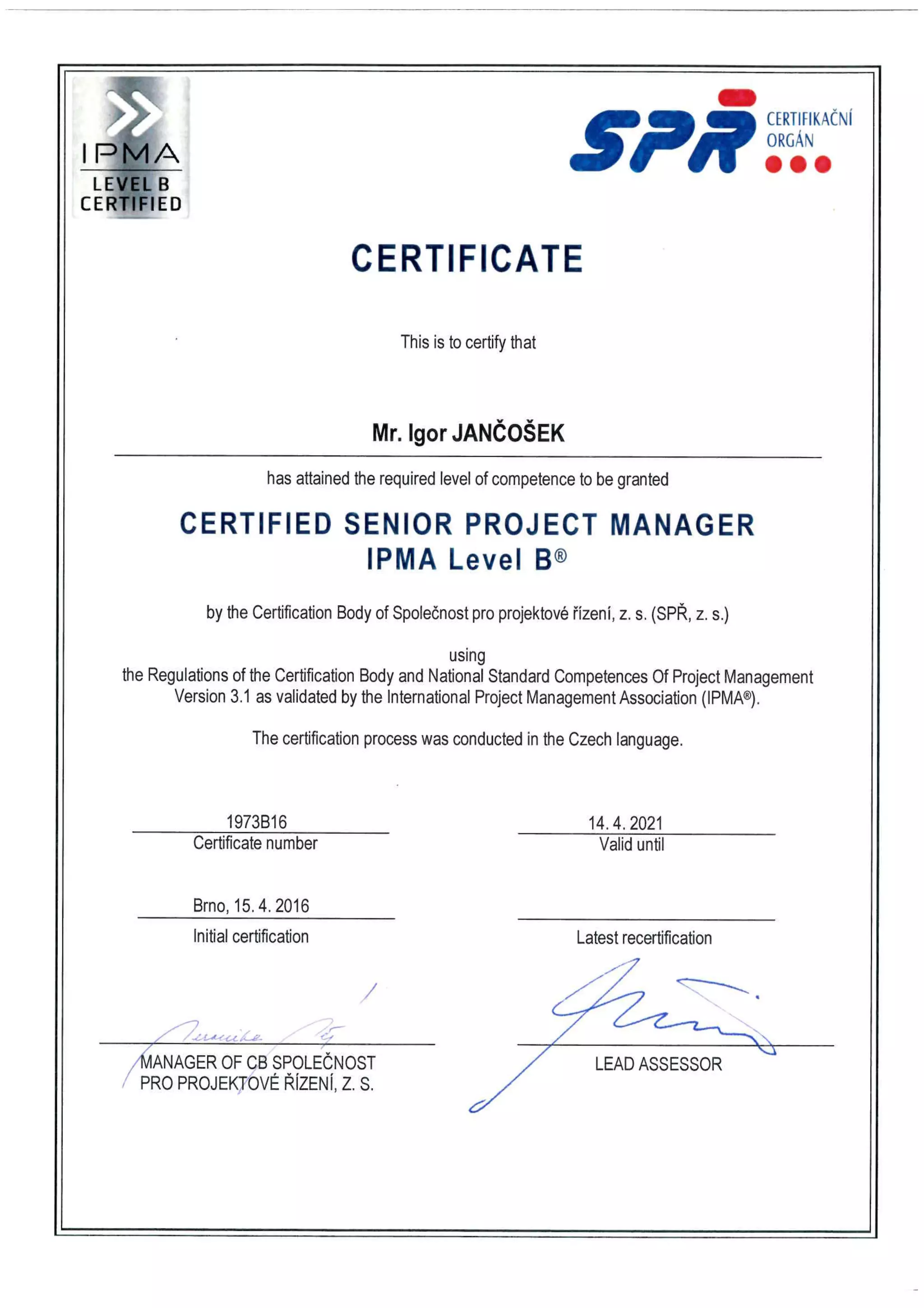 Igor Jancosek IPMA Certificate | PDF