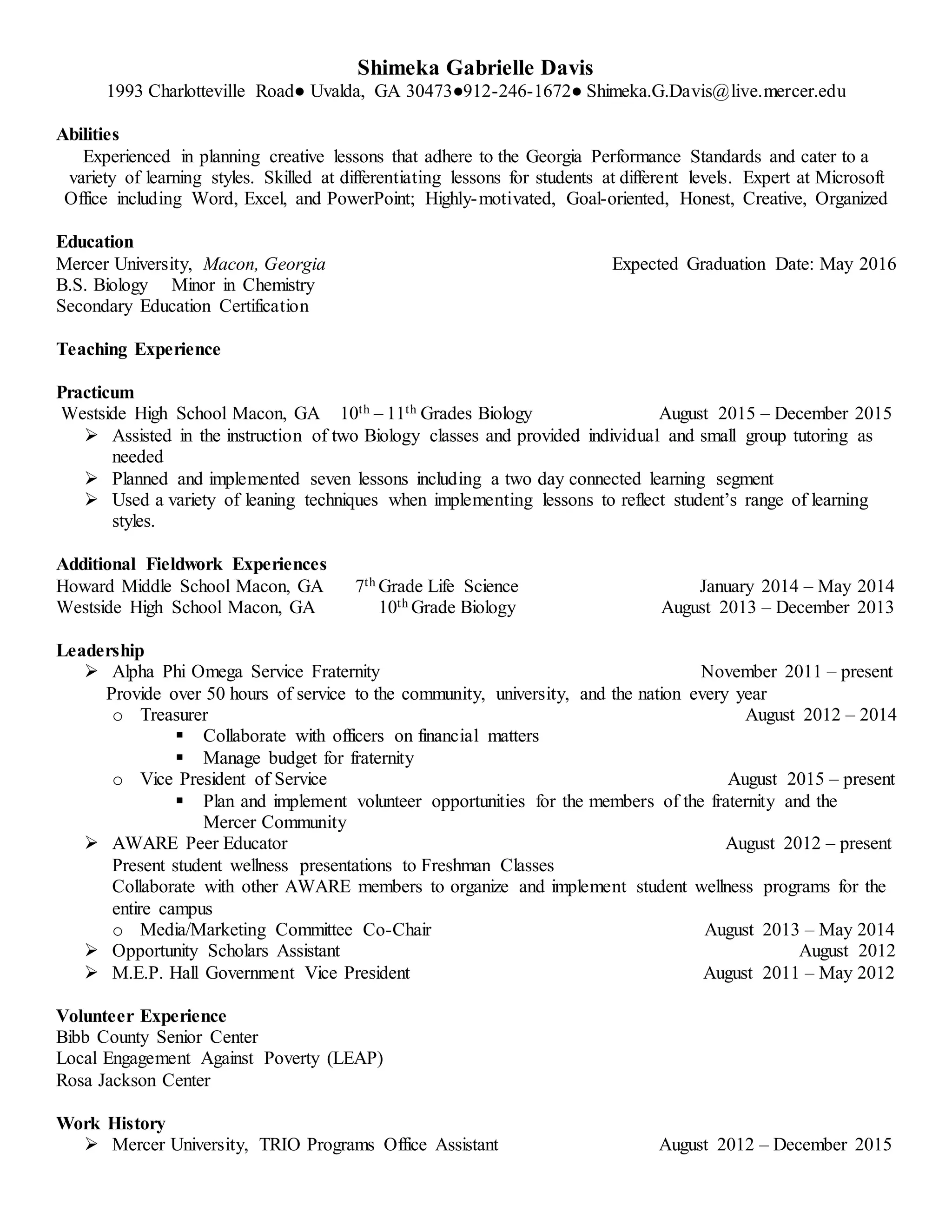 Biology Teacher Resume | DOCX