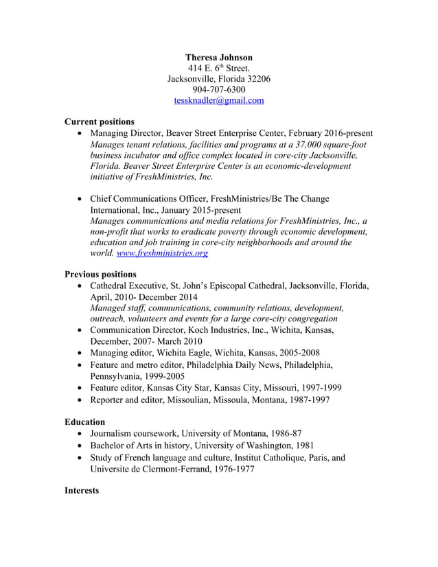 Theresa Johnson Resume 2016 | DOC | Non-Profit Organizations | Industries
