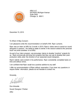 Ryan Letter Don Arbuckle Recommendation | DOCX | Hobbies & Interests