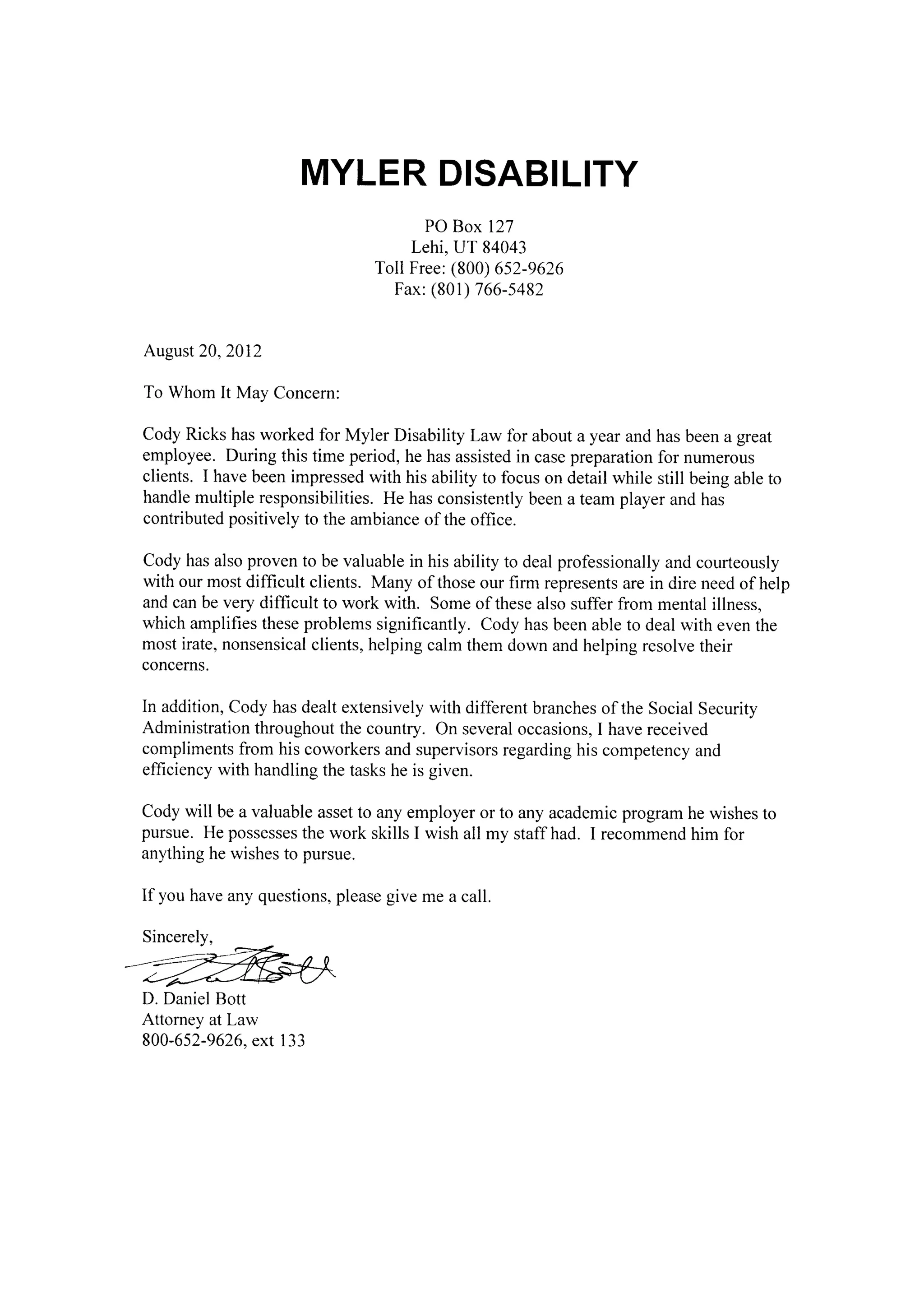 Dan Bott Letter of Reccommendation | PDF