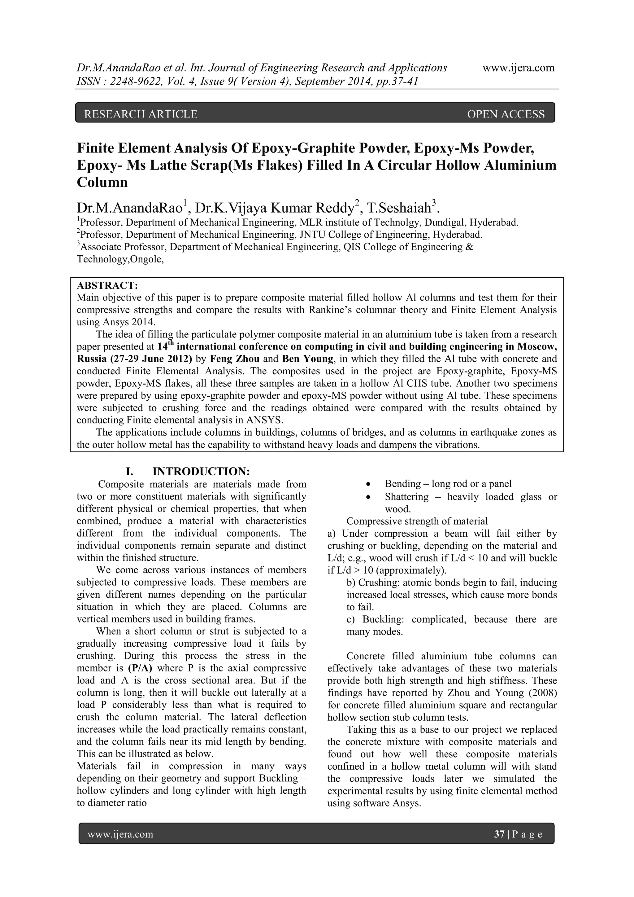 Finite Element Analysis Of Epoxy-Graphite Powder, Epoxy-Ms Powder ...