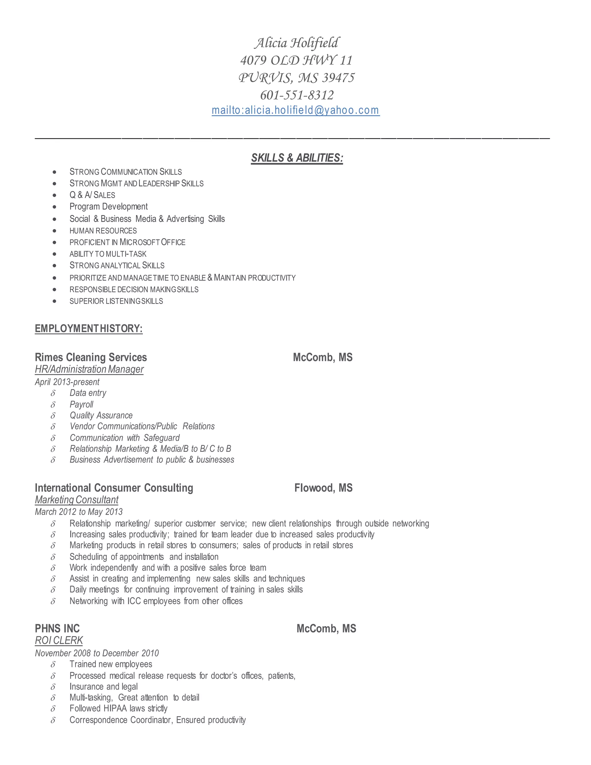 Alicia Holifield Professional Resume 2 | DOCX