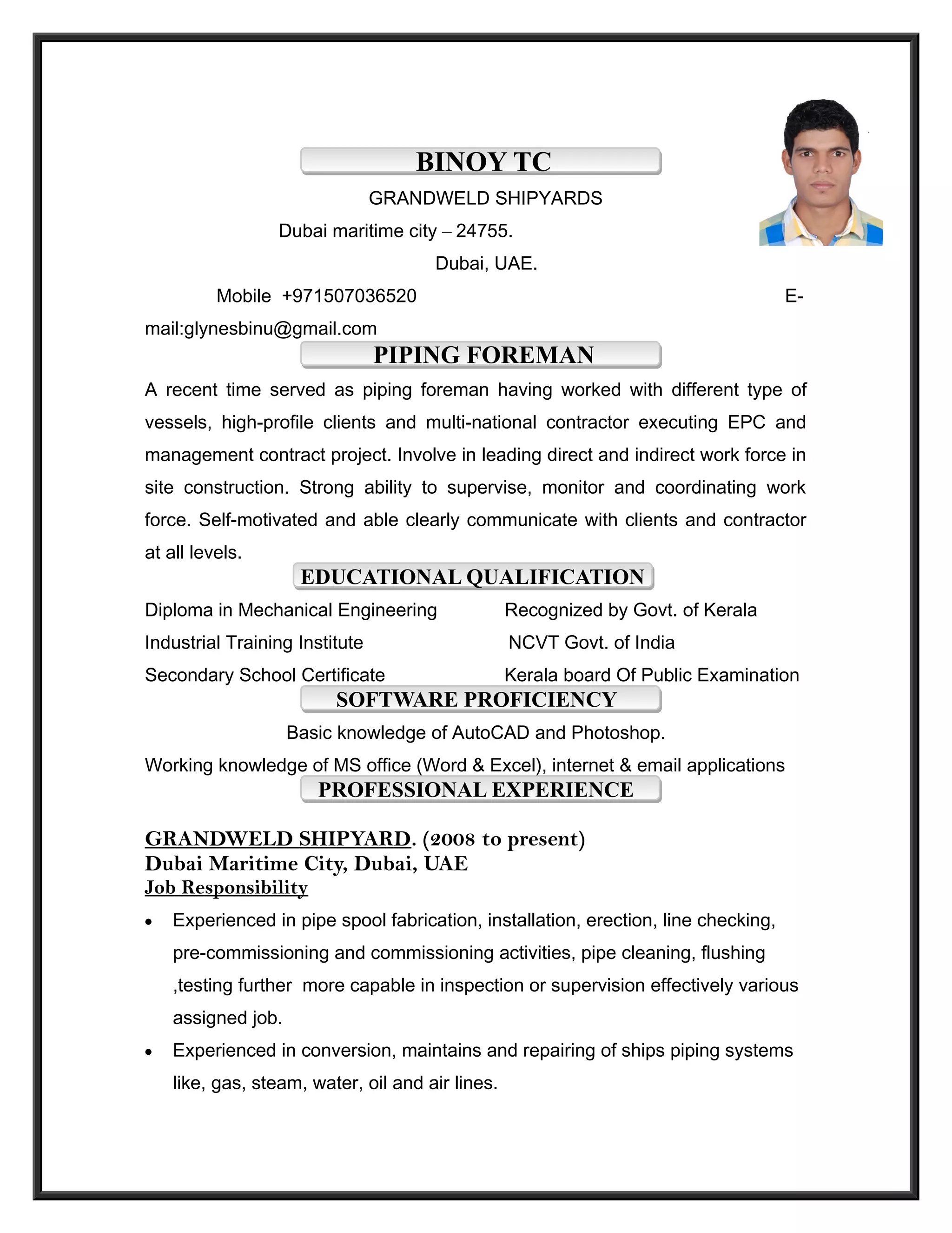 Piping foreman resume Binoy tc | DOC
