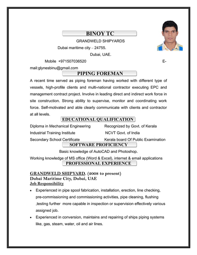 Piping foreman resume Binoy tc | DOC | Scuba Diving | Extreme Sports