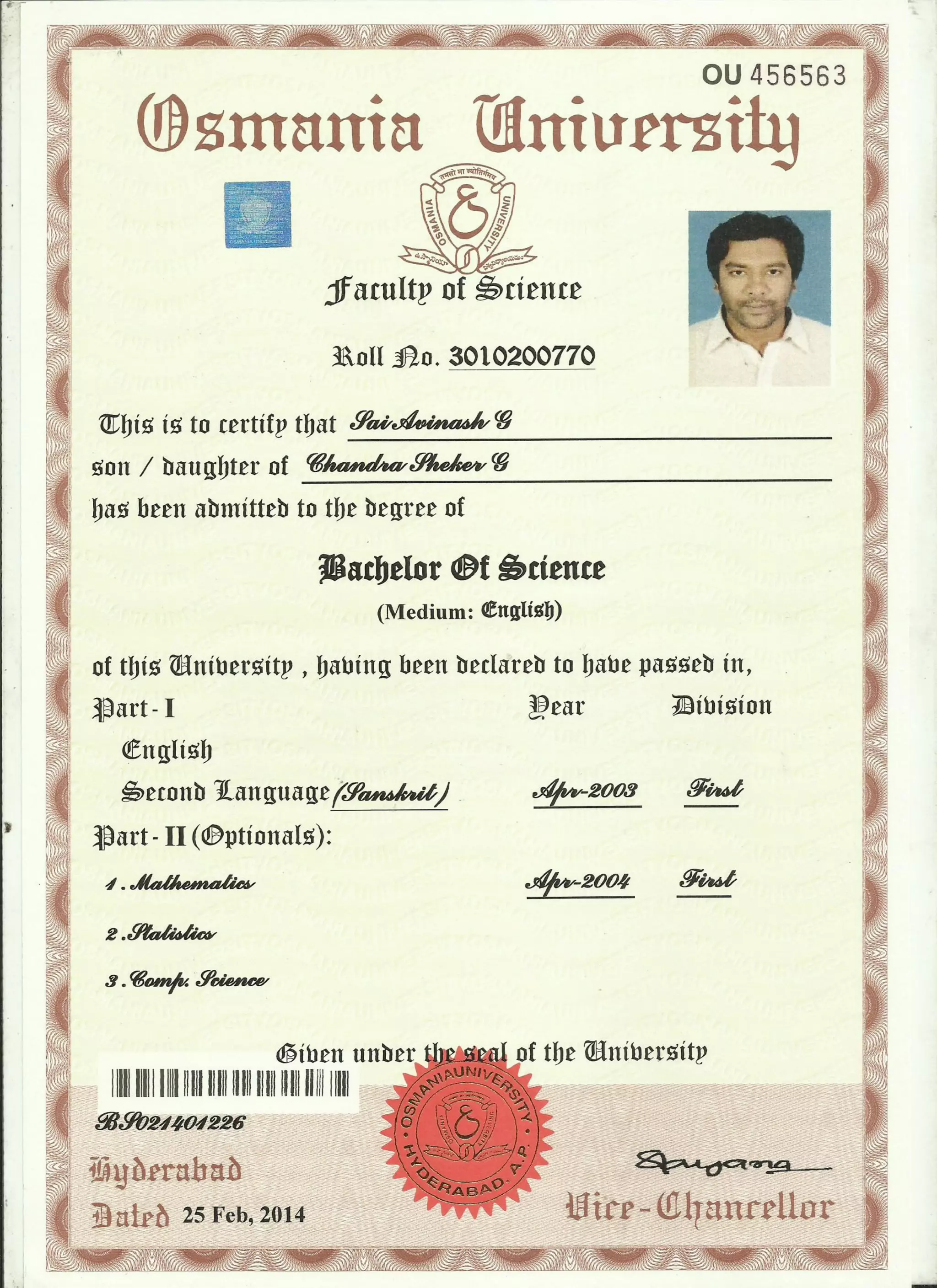 Convocation Certificate B.Sc