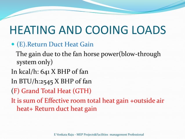 AIR CONDITIONING LOAD CALCULATIONS PRESENTATIONS by EVRAJU | PPSX