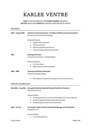 Karlee Ventre Professional Resume | PDF