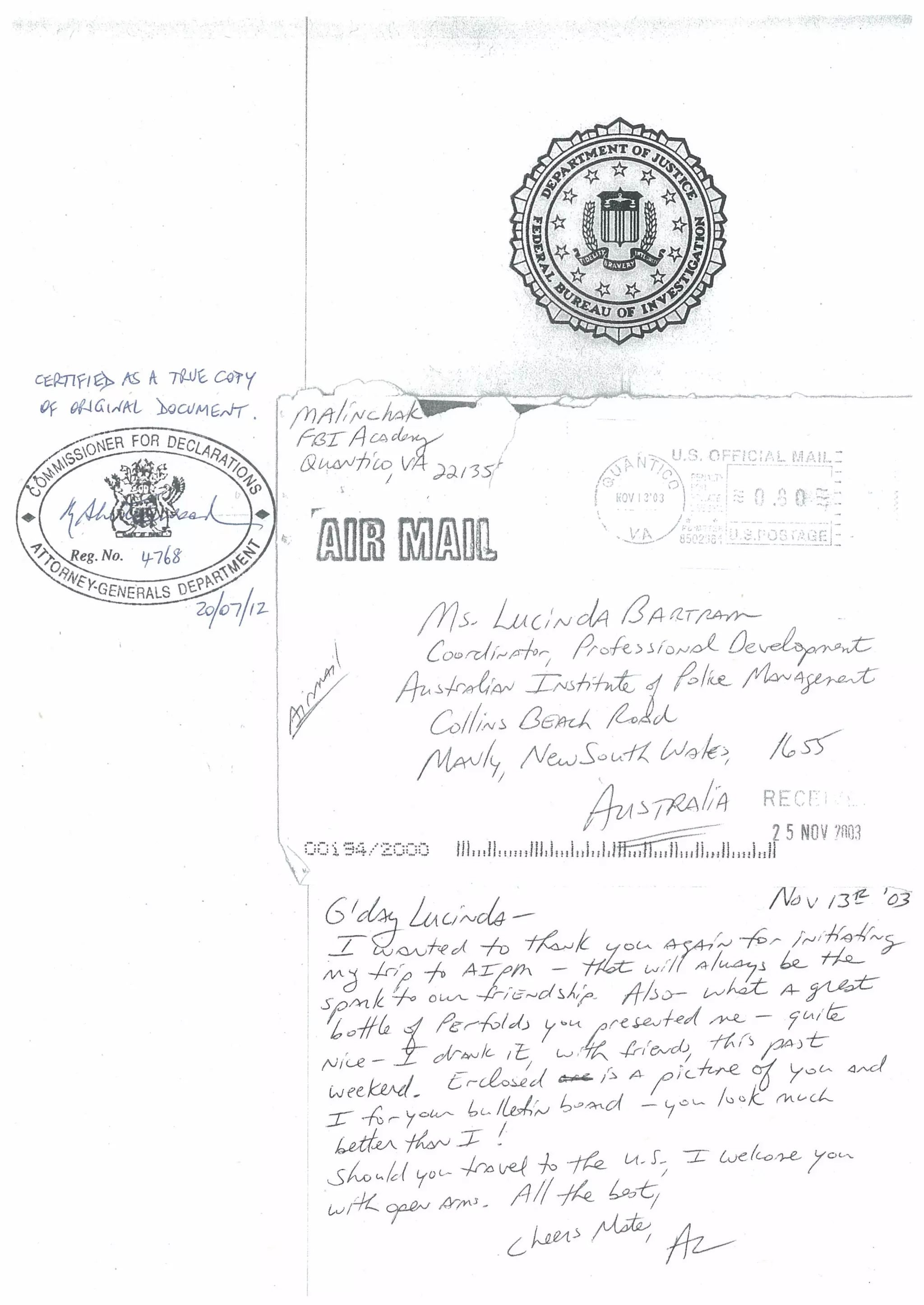 FBI letter from Alan Malinchak - Confidential | PDF
