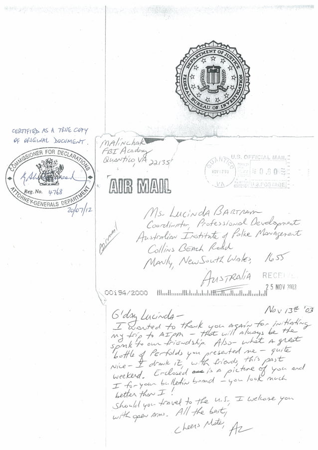 FBI letter from Alan Malinchak - Confidential | PDF