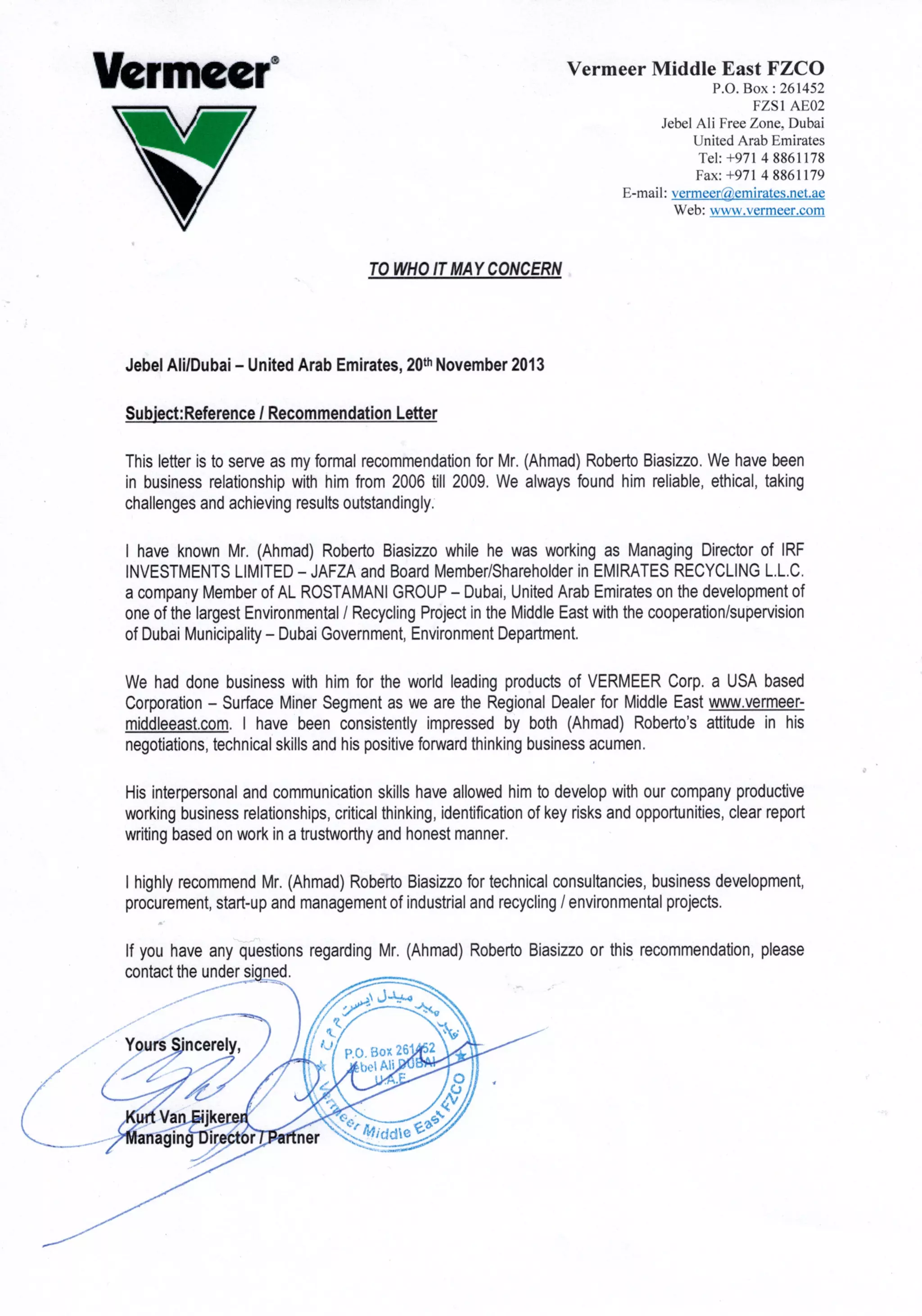 REFERENCE LETTER VERMEER MIDDLE EAST | PDF