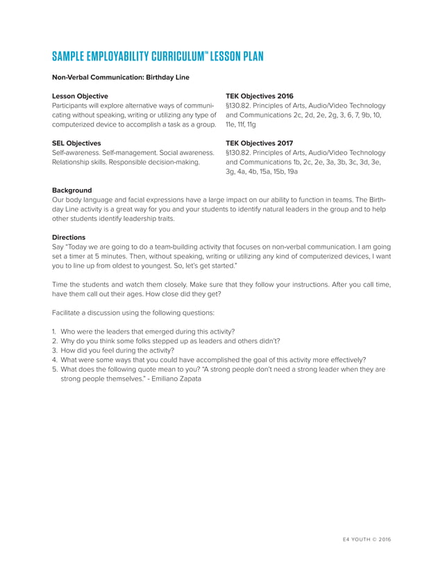 E4 Youth Employability Curriculum Sample | PDF