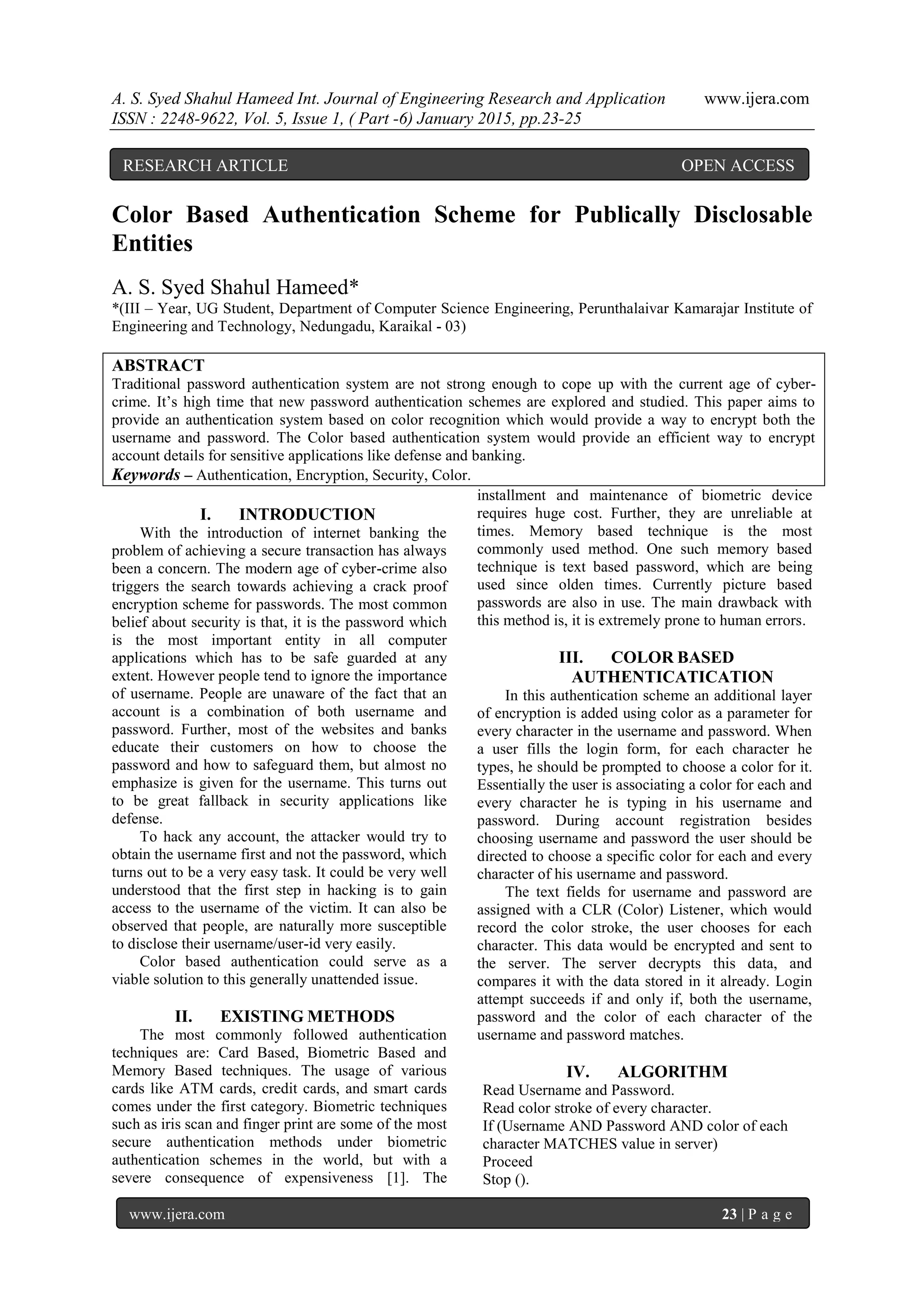 Color Based Authentication Scheme for Publically Disclosable Entities | PDF