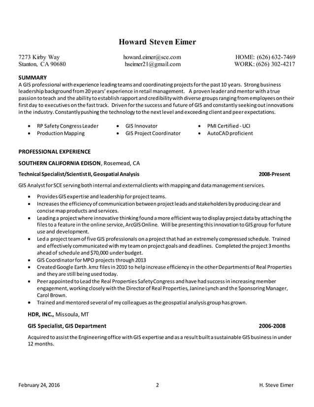 Howard Steven Eimer Resume 2016 | DOCX | Geography | Science