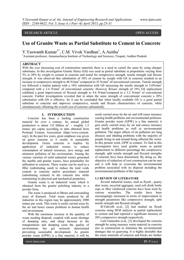 Use of Granite Waste as Partial Substitute to Cement in Concrete | PDF
