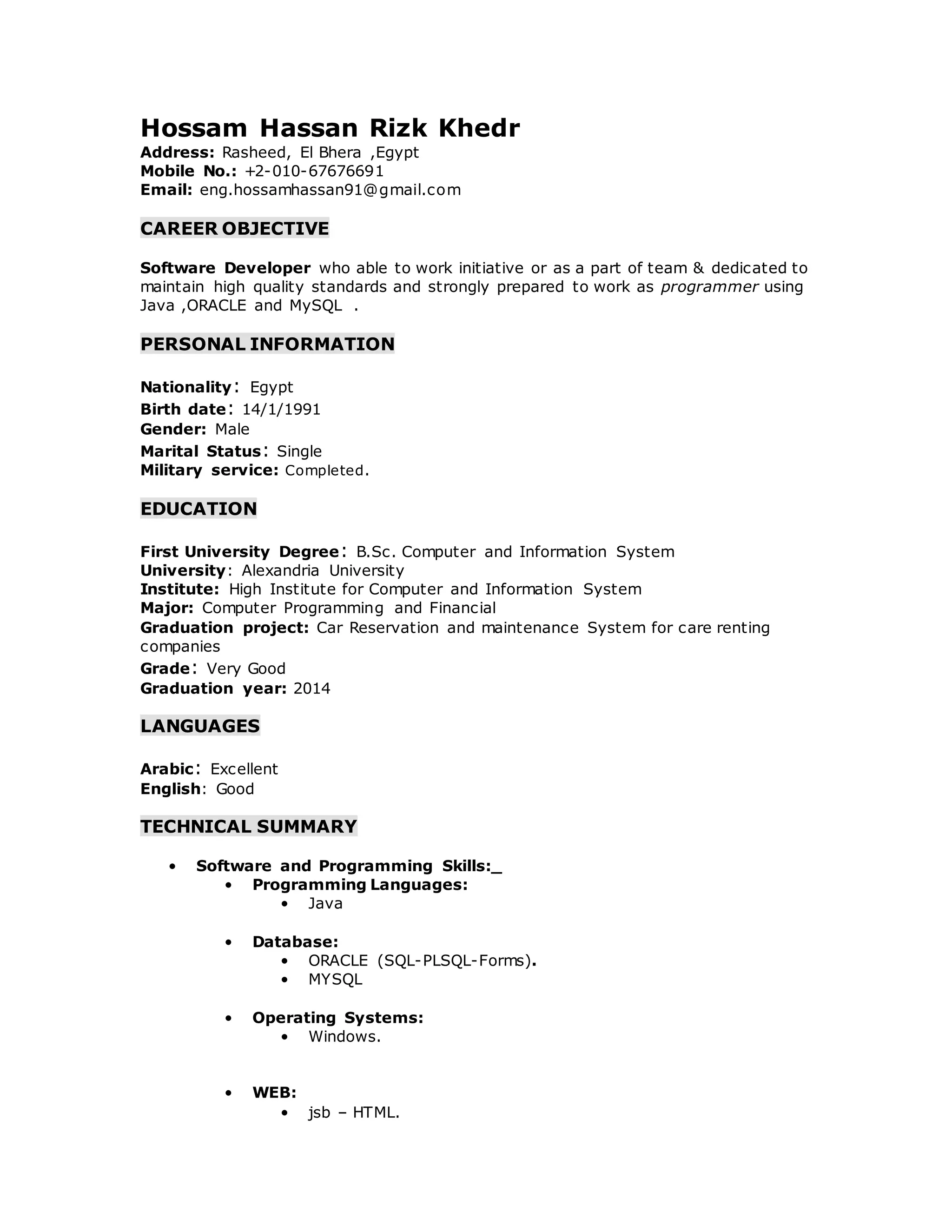 Hossam Hassan C.V | DOCX | Programming Languages | Computing