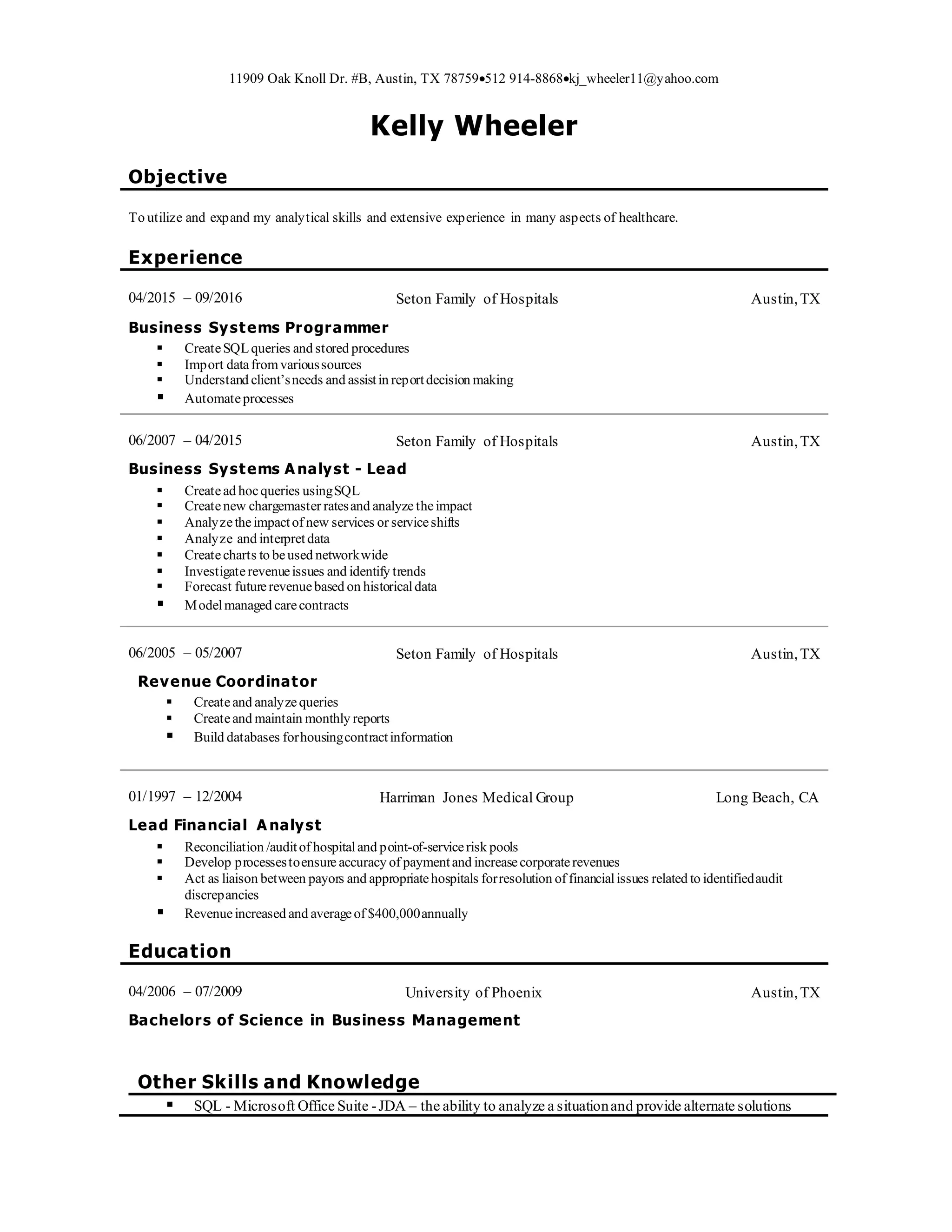 Kelly Wheeler Resume 09-2016 | DOCX | Databases | Computer Software and Applications