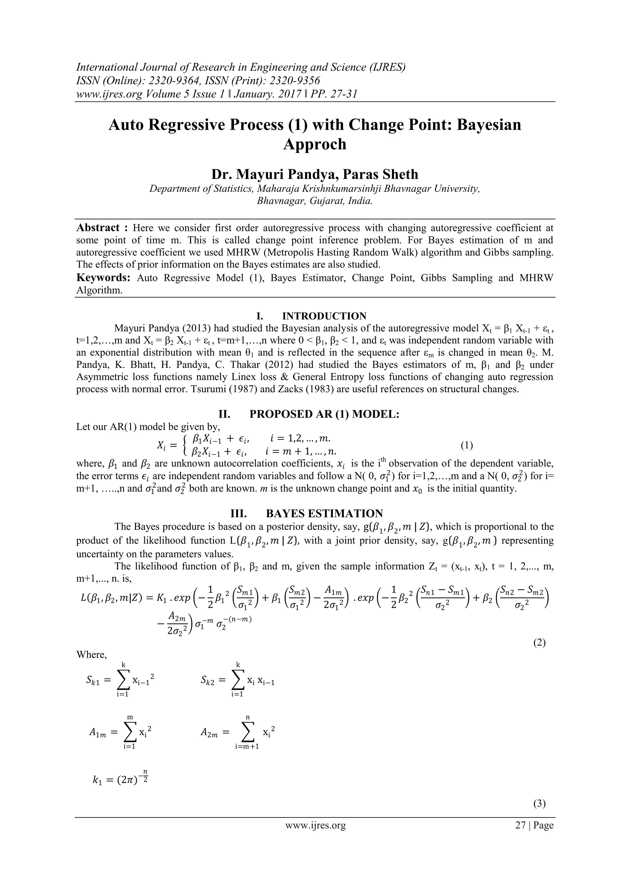 Auto Regressive Process (1) with Change Point: Bayesian Approch | PDF