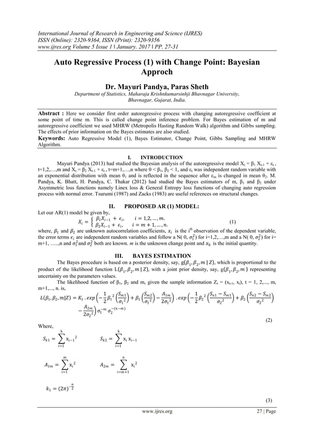 Auto Regressive Process (1) with Change Point: Bayesian Approch | PDF