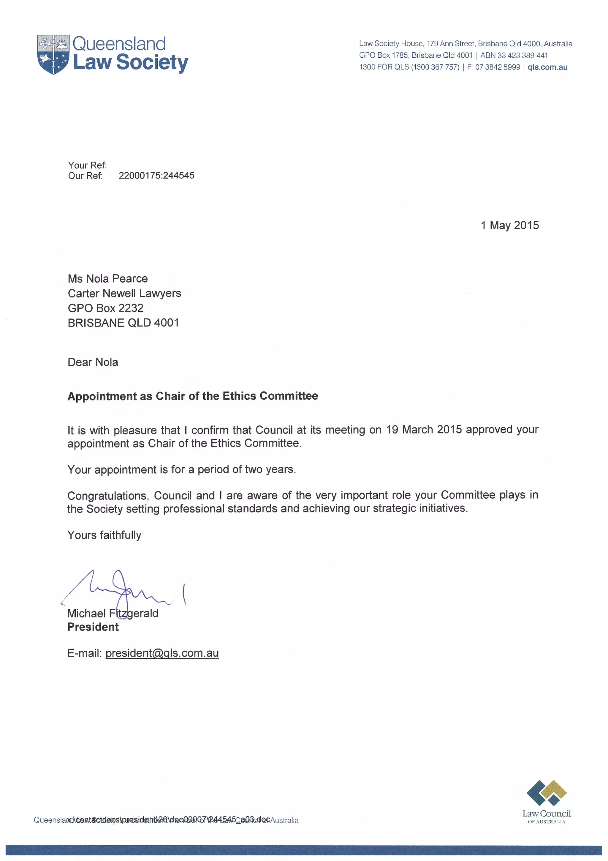 EC Chair appointment confirmation May2015 | PDF