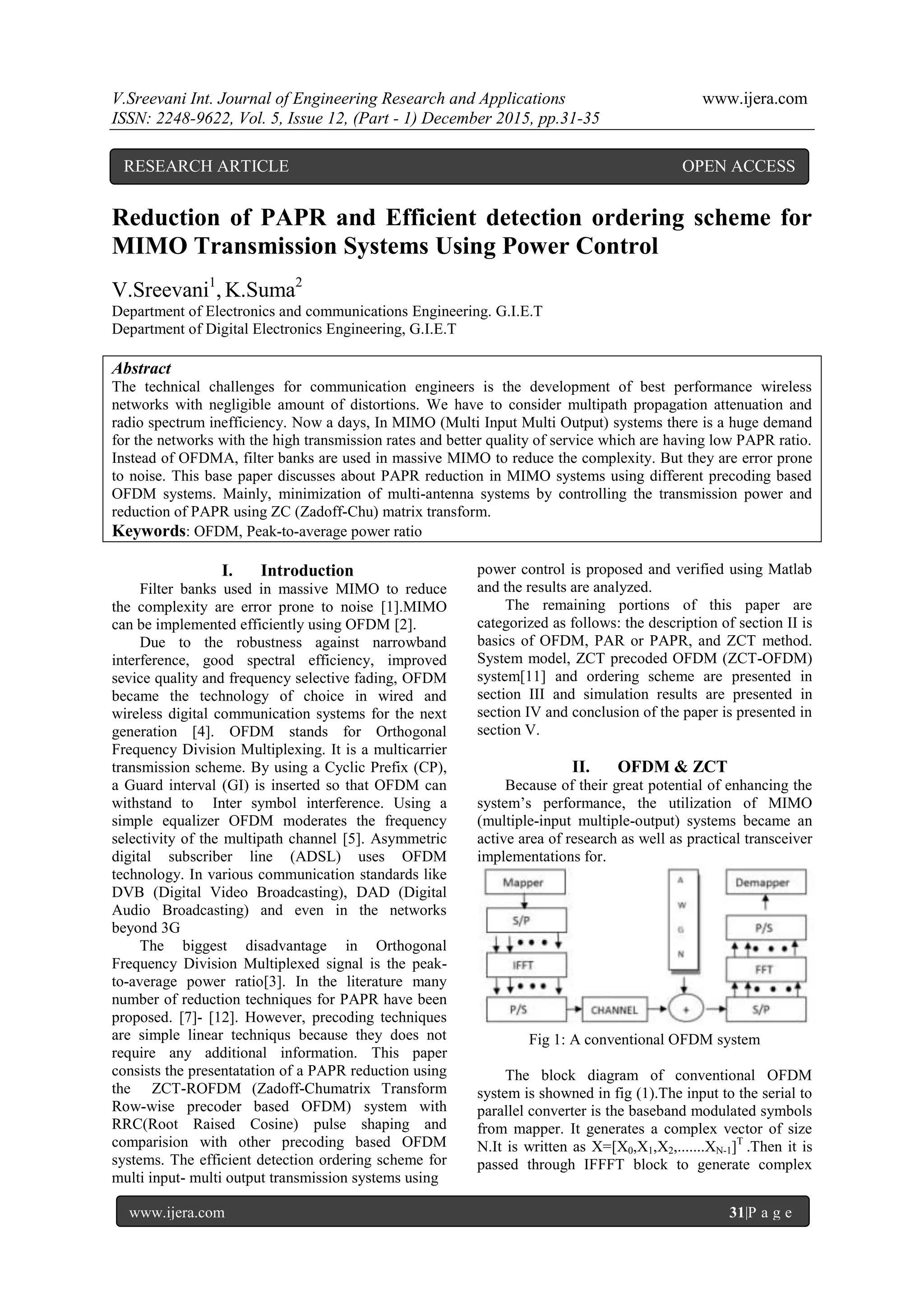 Reduction Of Papr And Efficient Detection Ordering Scheme For Mimo 3782