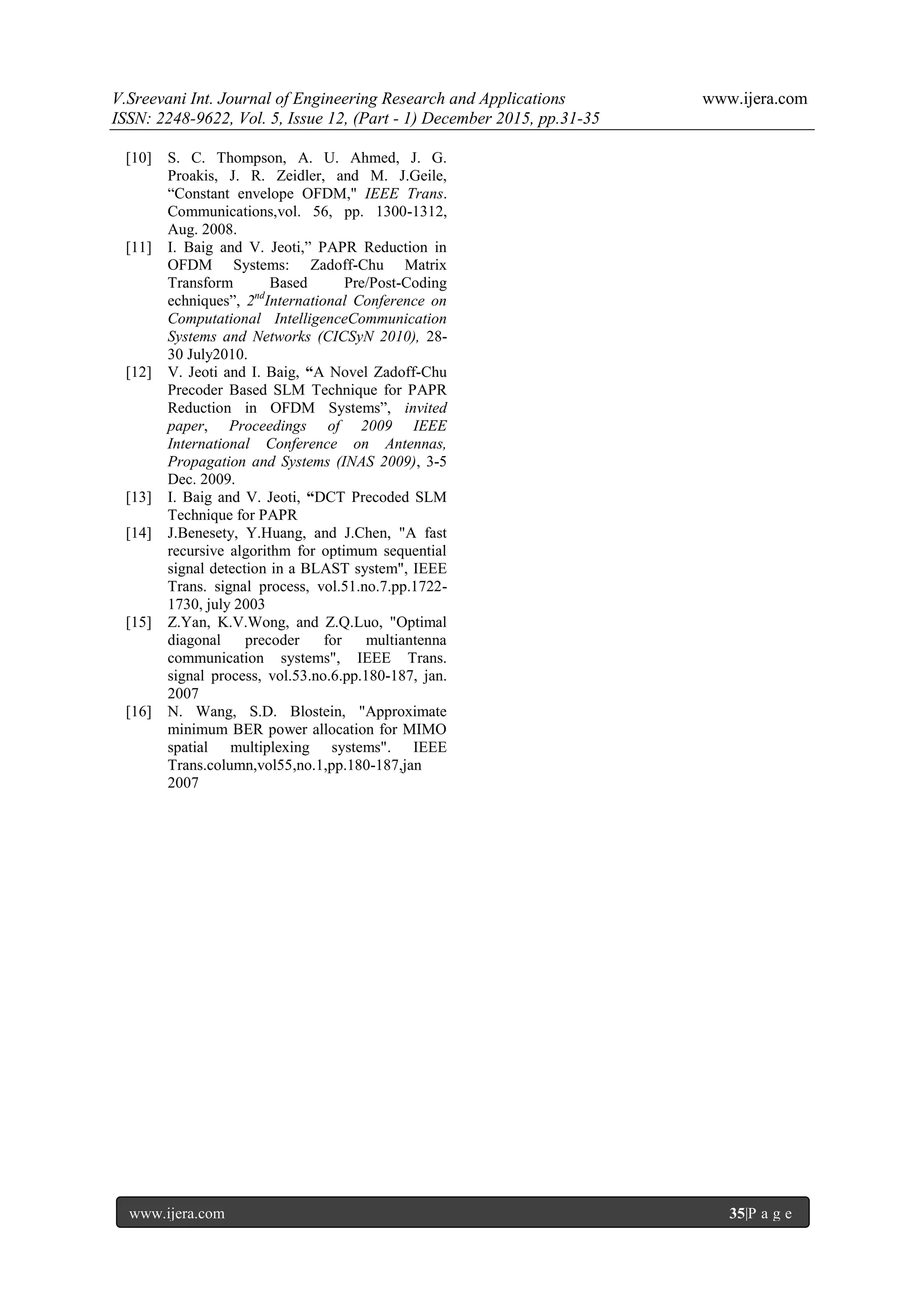 Reduction Of Papr And Efficient Detection Ordering Scheme For Mimo Transmission Systems Using