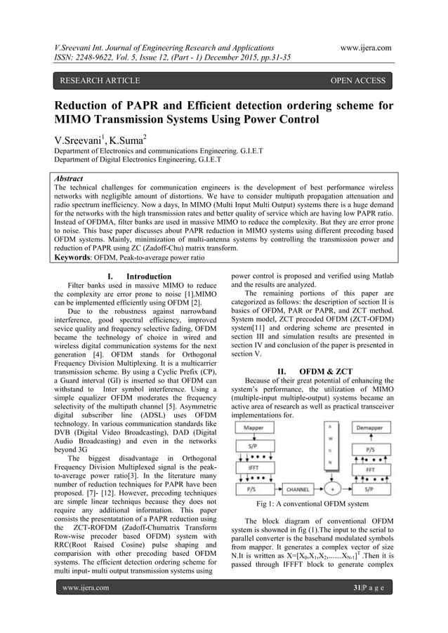 Reduction of PAPR and Efficient detection ordering scheme for MIMO Transmission Systems Using ...