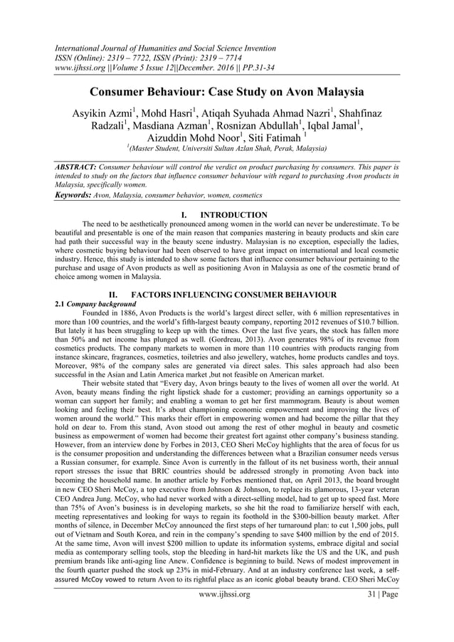 Consumer Behaviour: Case Study on Avon Malaysia | PDF