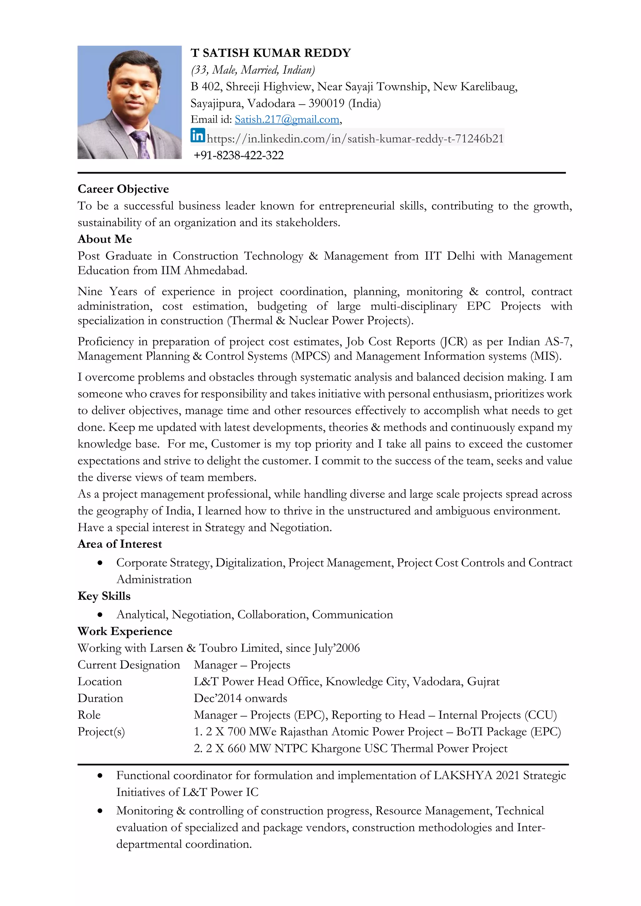 Satish Kumar Reddy CV | PDF | Civil Engineering Industry | Industries