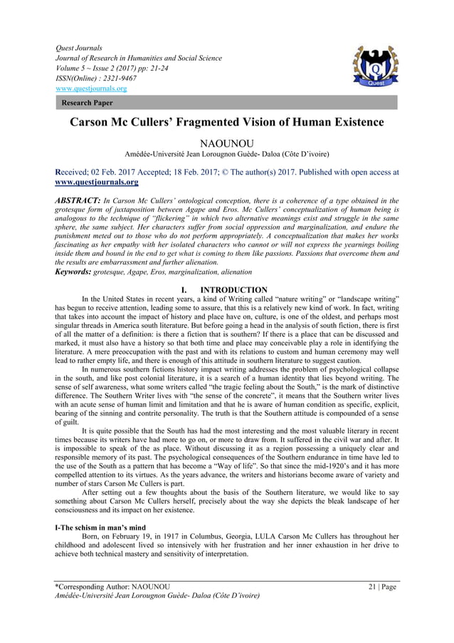 Carson Mc Cullers’ Fragmented Vision of Human Existence | PDF