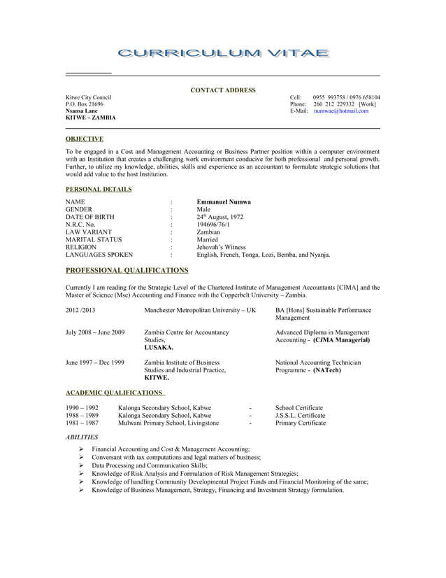 Curriculum Vitae | DOC | Business Accounting & Finance | Business